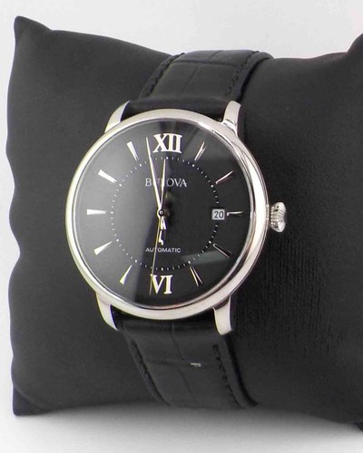BULOVA CLASSIC HUDSON AUTOMATIC BLACK LEATHER MEN'S 39MM WATCH 96B441 ...