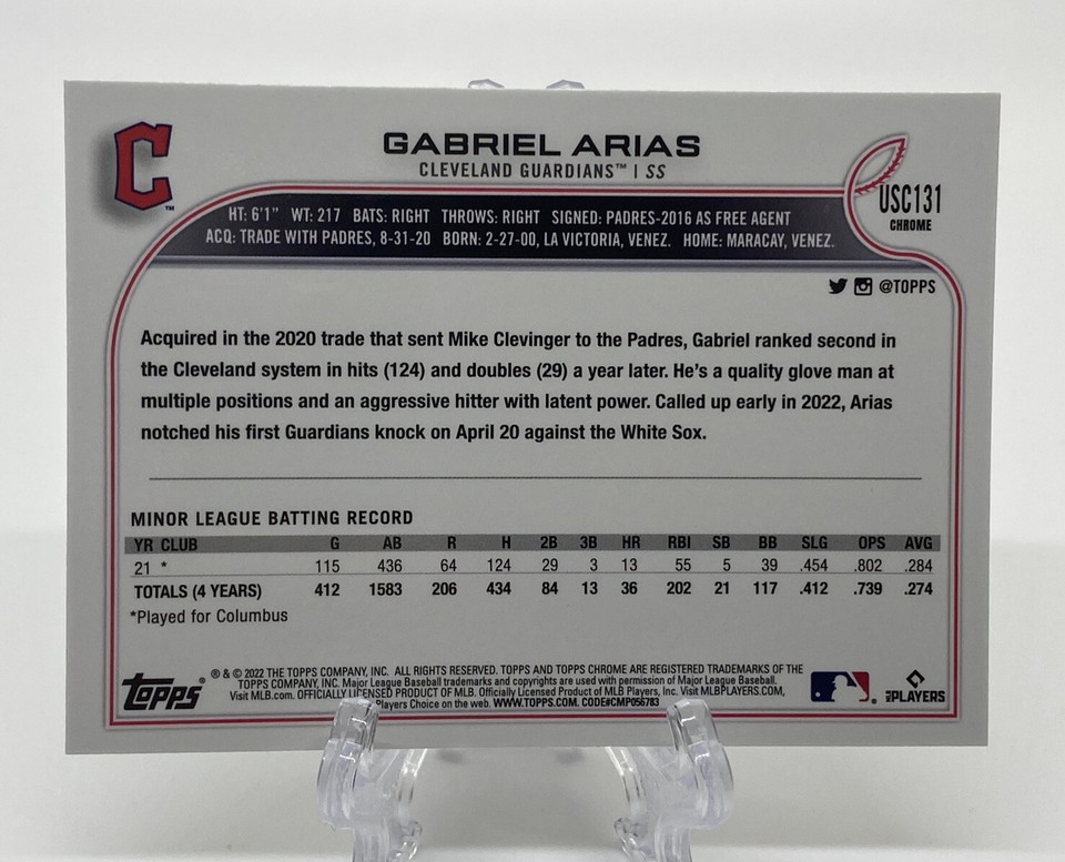 Gabriel Arias 2022 Topps Chrome Update Baseball RC #USC131 Rookie ...