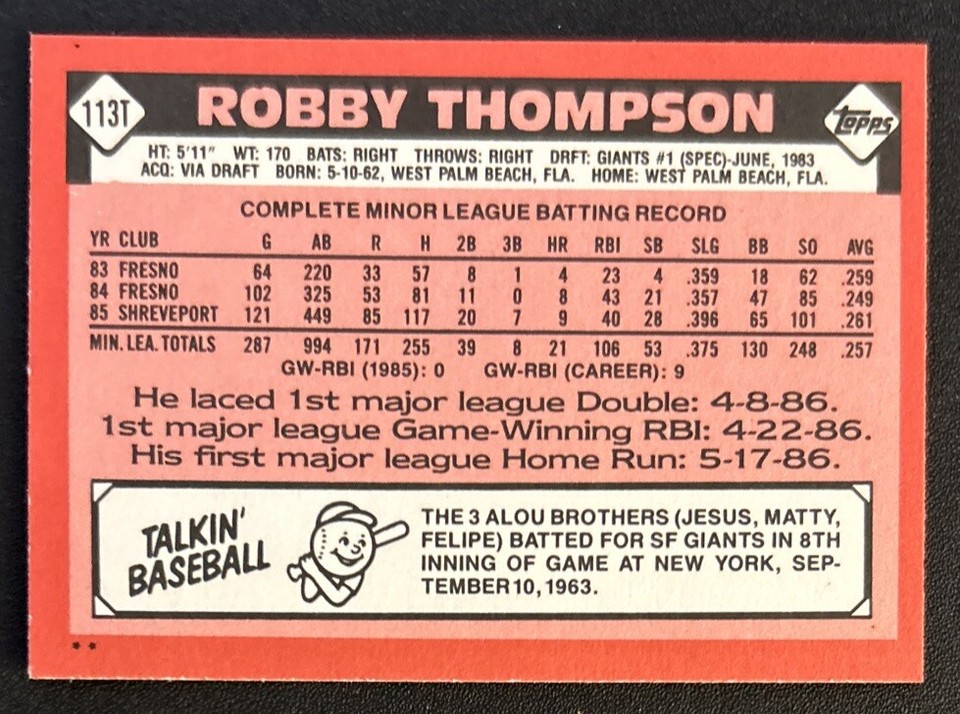 1986 Topps Traded Robby Thompson Baseball Rookie Card (RC) #113T Giants ...