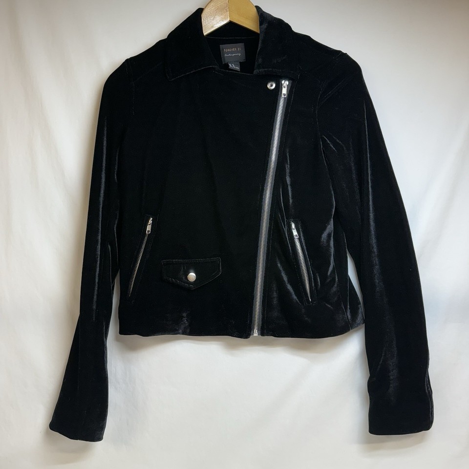 Forever 21 Women's Black Velvet Moto Biker Asymmetrical Zip Cozy Jacket ...