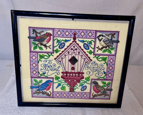 Framed Finished Cross Stitch To Rent For A Song Birdhouse Robin ...