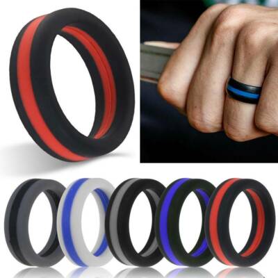 Striped Medical Grade Silicone Wedding Ring Thin Line Sport Rubber Band ...
