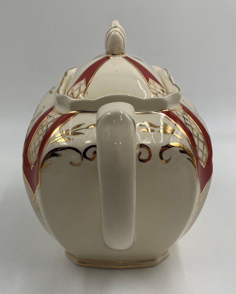 Sadler England Cube Teapot #2898 Dark Red Panels Pink Rose Gold Trim ...