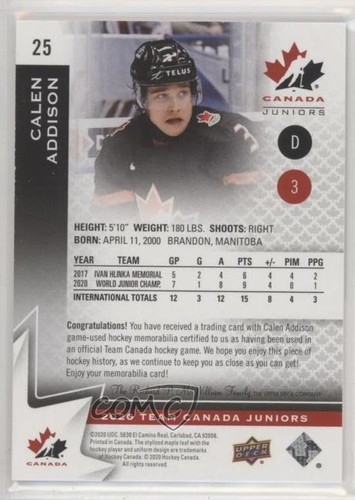 2020-21 Upper Deck Team Canada Juniors - Men's U-20 Calen Addison #25 Jerseys (MEM, RC) for sale ...