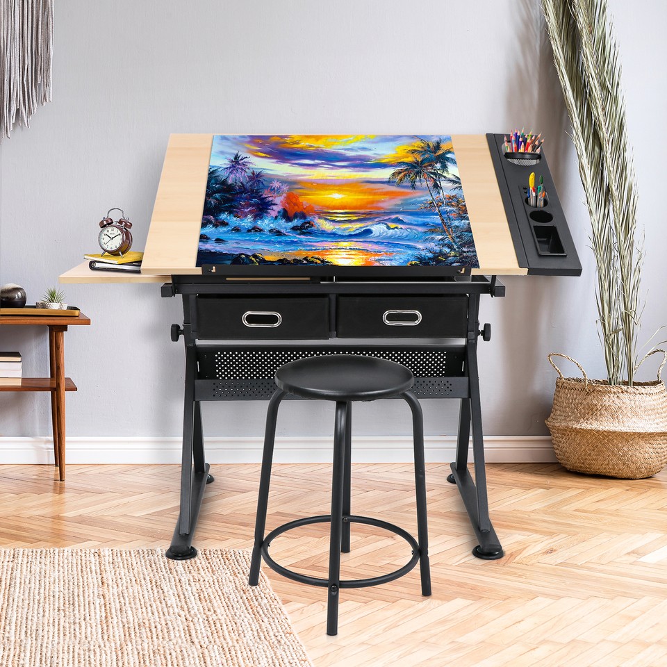 Drafting Table Drawing Arts Craft Desk Tabletop w/Stool and 2 Drawers ...