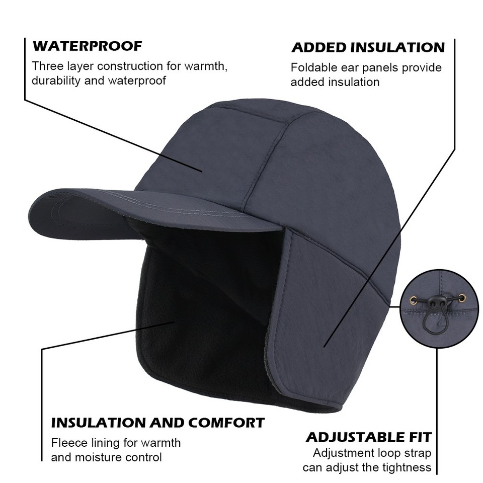 Waterproof Winter Hat with Ear Flaps Fleece Lined Baseball Cap for Cold ...