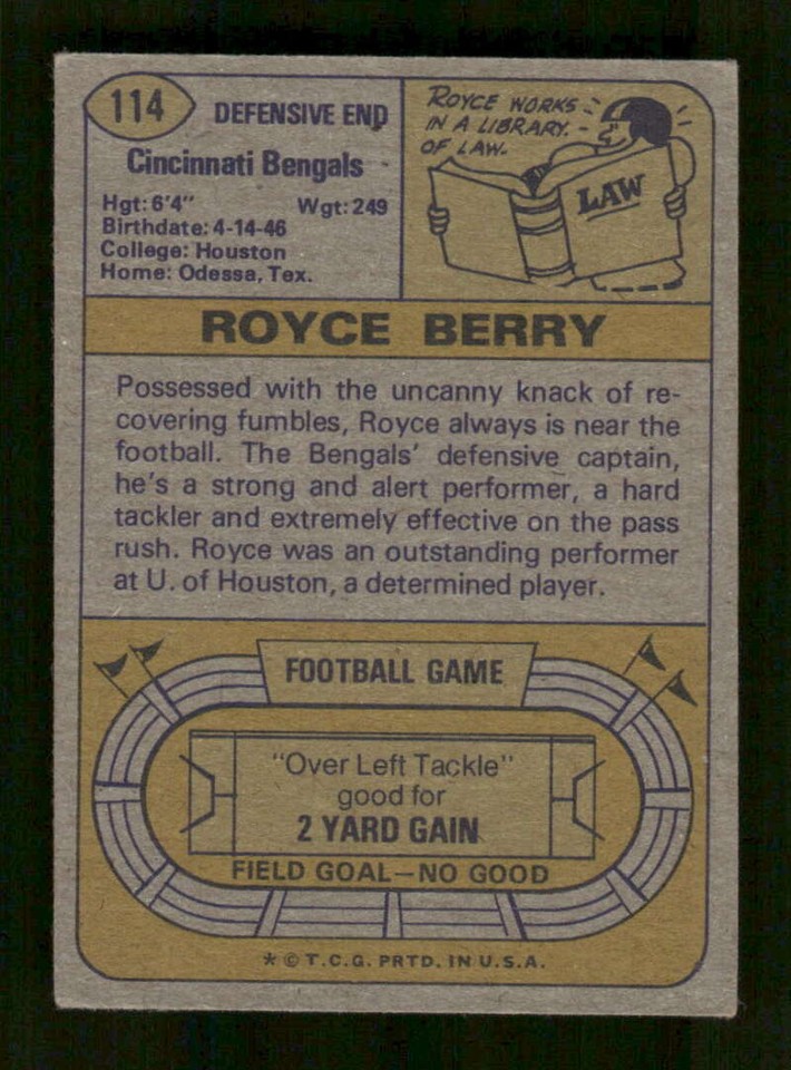 1974 Topps #114 Royce Berry VG/EX Very Good/Excellent Bengals BXCP17 | eBay