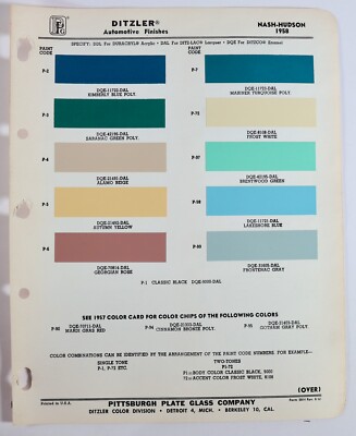 1958 Nash Hudson Color Paint Chip Sheet Ditzler PPG Automotive Finishes ...
