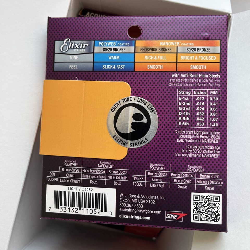 Elixir 11052 80/20 Bronze Acoustic Strings NANOWEB, Light (.012-.053 ...