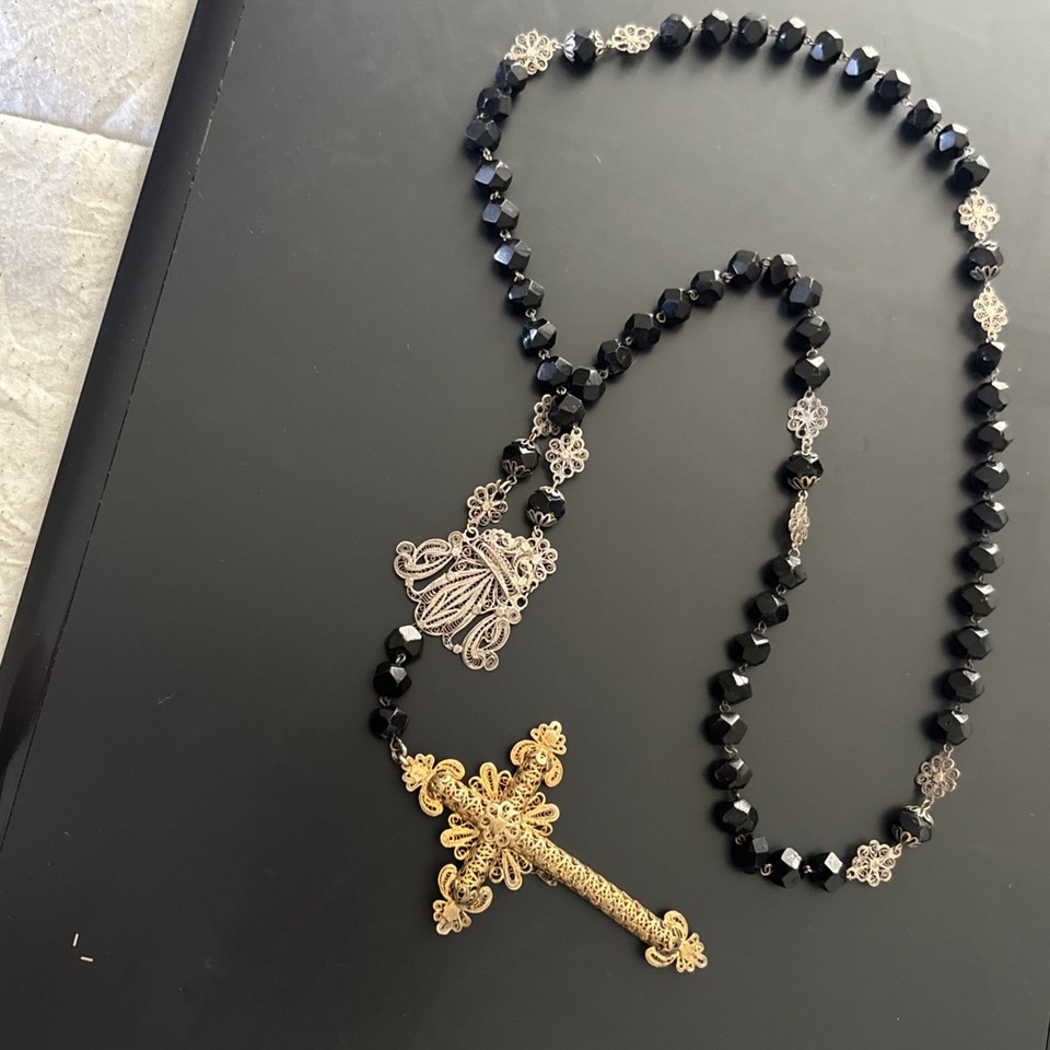 Antique Spanish Jet Rosary | c. 1900 | Azabache & Filigree Crucifix ...