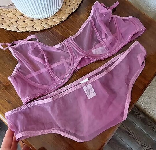 Mesh Purple Black Sheer Lingerie Bra Set See Through Bra and Thong ...