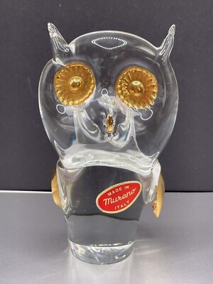 Vintage Murano Clear Art Glass Owl With Gold Trim & Eyes Murano Sticker ...