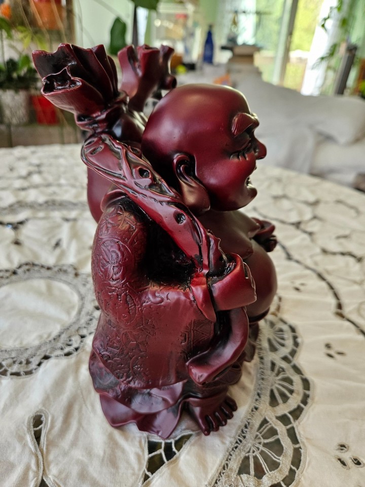 Heavy Dark Red Resin Happy Laughing Lucky Buddha Statue Figurine | eBay UK