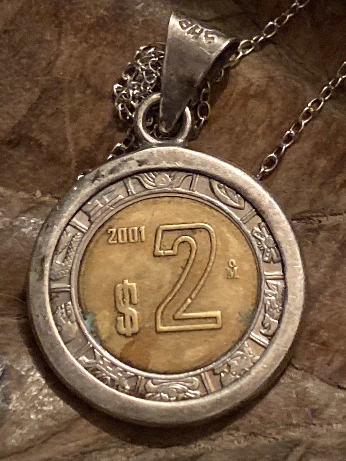 2001 Mexico 2 Peso coin pendant Mexican eagle Ecatepec Jalisco Puebla ...