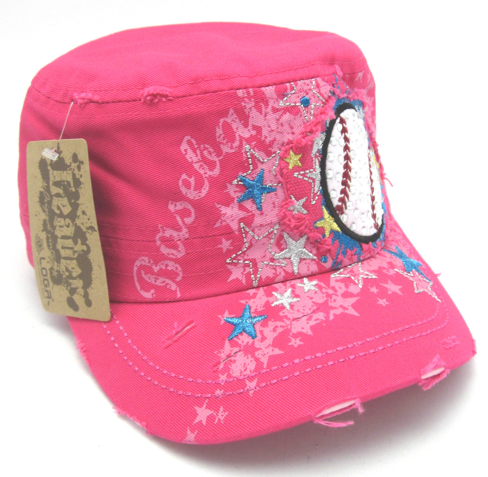 Womens Pink Military Cadet Cap Hat Rhinestone Baseball Stars Distressed ...