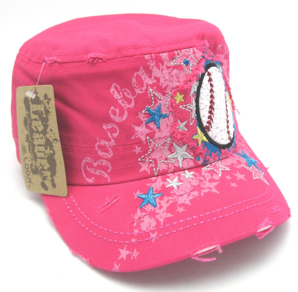 Womens Pink Military Cadet Cap Hat Rhinestone Baseball Stars Distressed ...