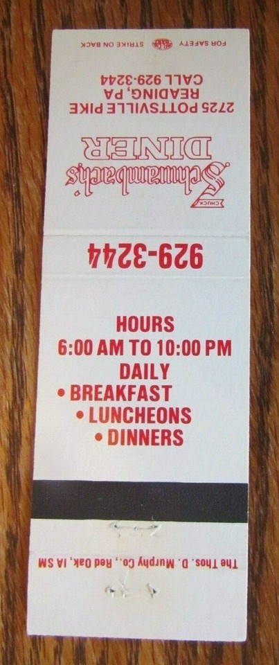 SCHWAMBACH'S DINER (READING, PENNSYLVANIA) MATCHBOOK MATCHCOVER -F7 | eBay