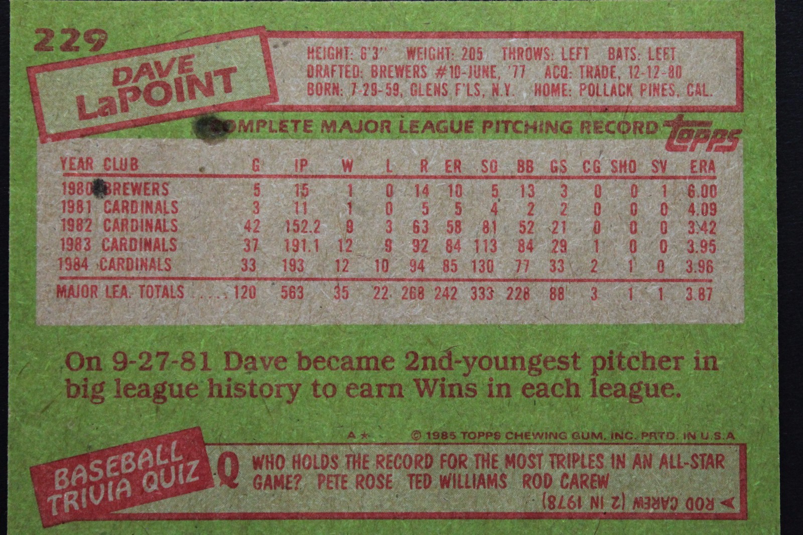 Dave LaPoint Cardinals Yankees Autographed 1985 Topps #229 Signed Card ...