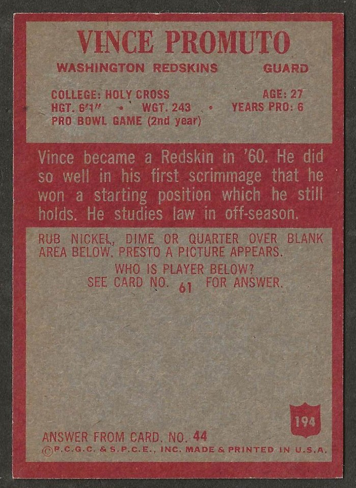 1965 Philadelphia #194 VINCE PROMUTO Washington Redskins NM+ 02 | eBay