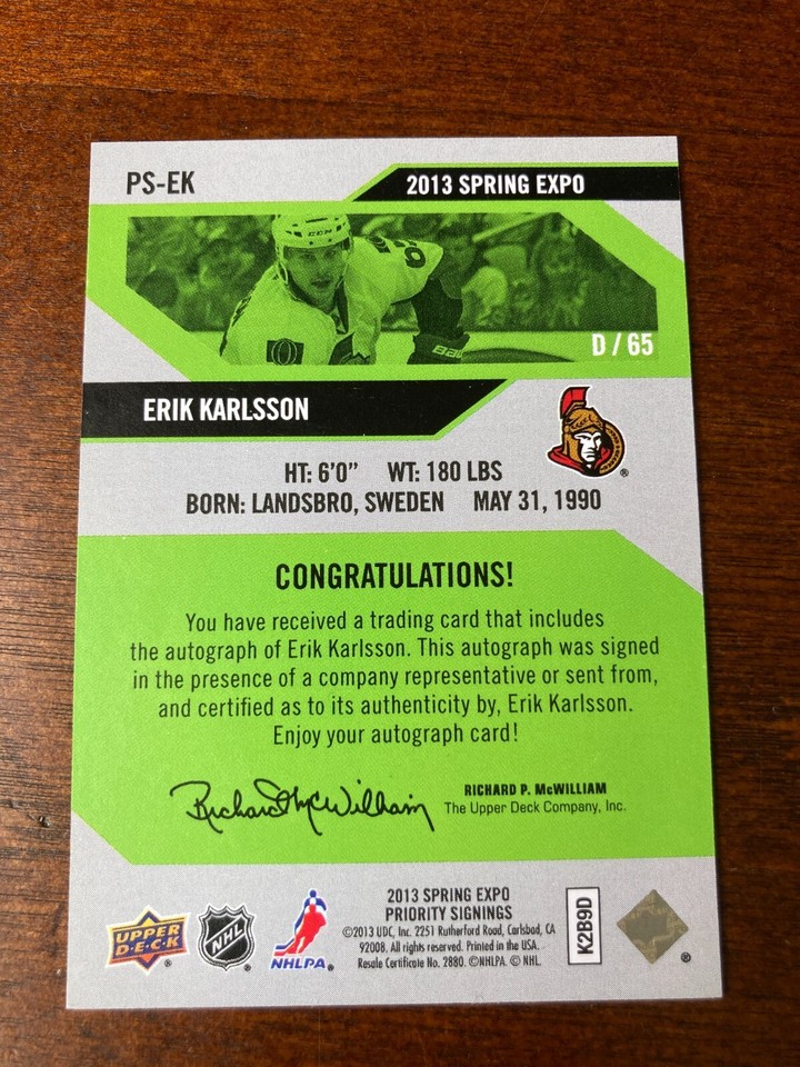2013 Upper Deck Spring Expo Priority Signings Erik Karlsson Autograph ...