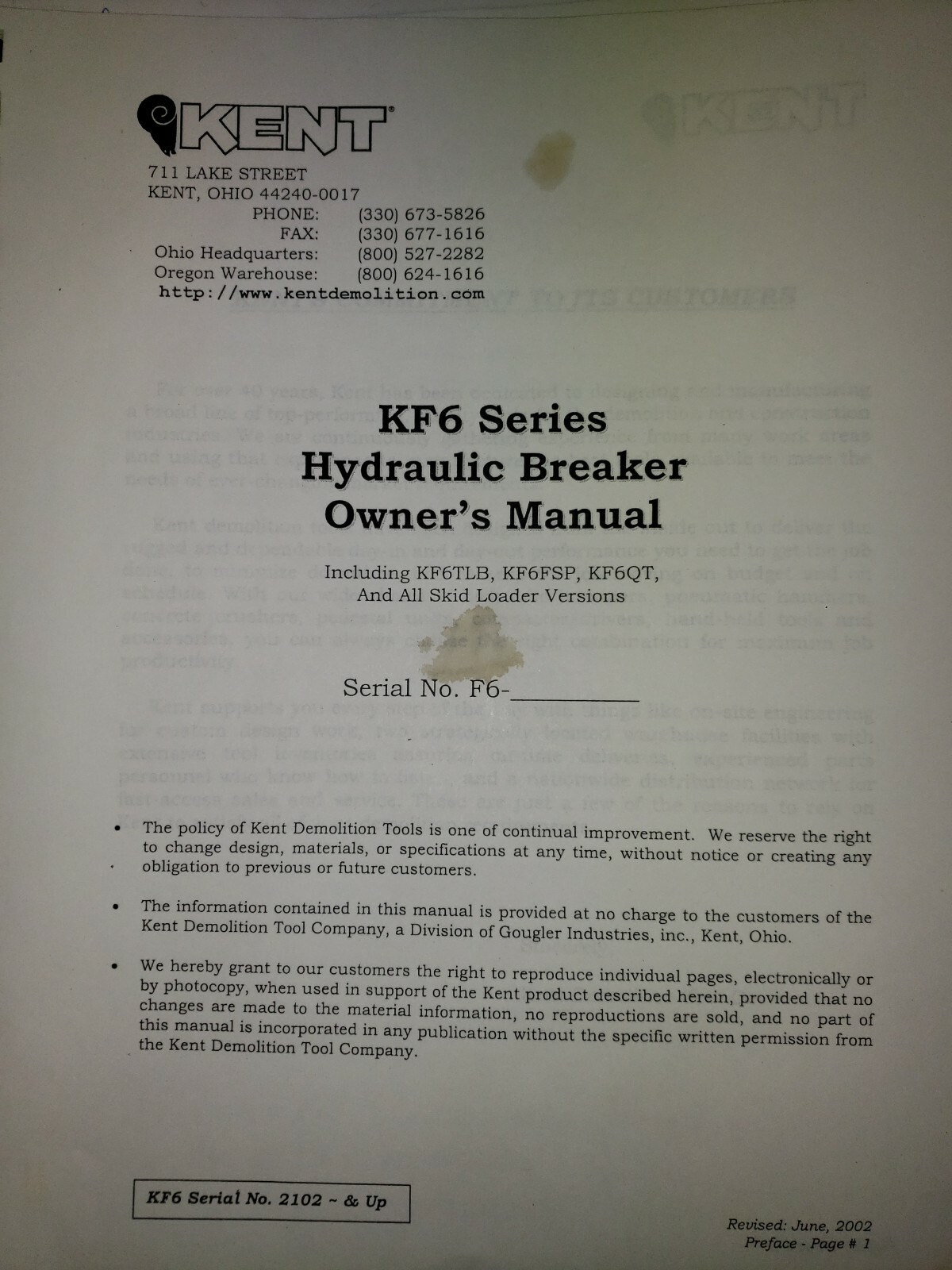 Kent KF6 Hydraulic Breaker Hammer Operator Maintenance Parts Book ...