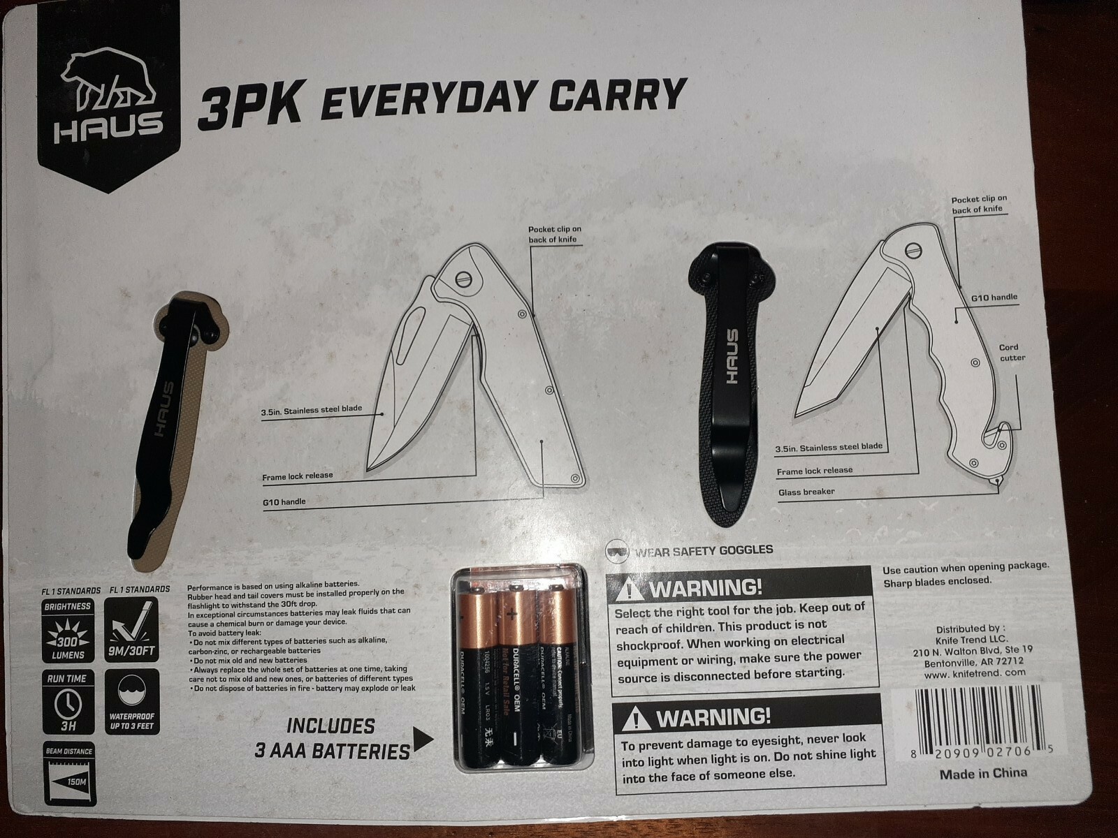 Haus 3 Pack Everyday Carry 300 Lumen Flashlight Pocket Knife Combo Set ...