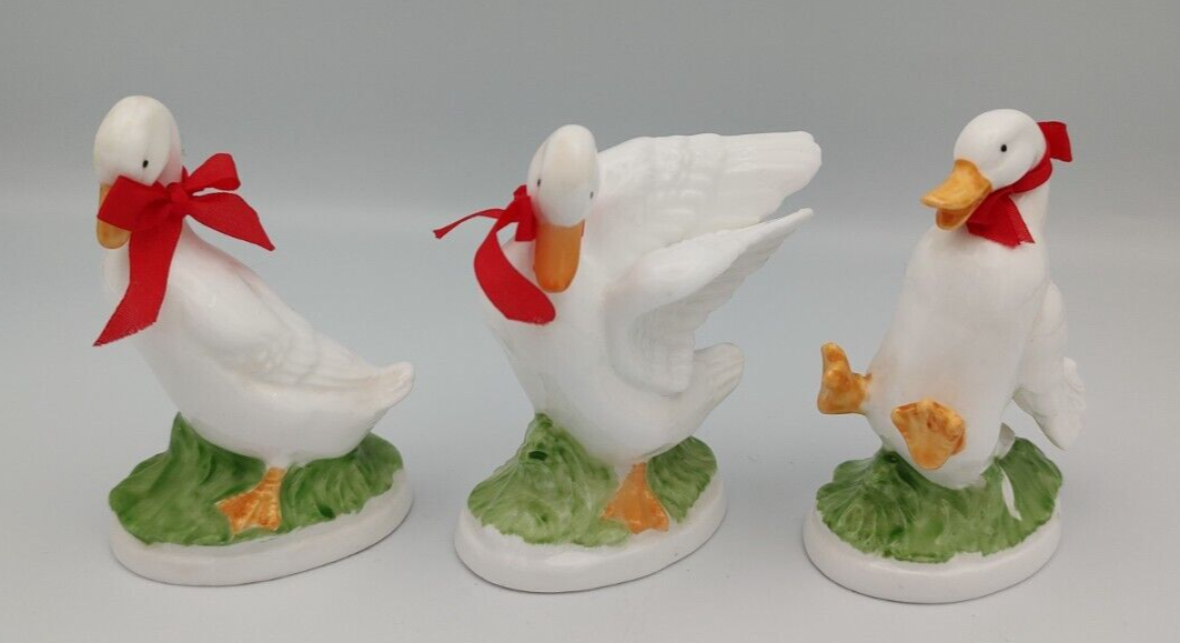 Set of 3 Bone China White Geese Goose with Red Ribbon by Ron Gordon ...