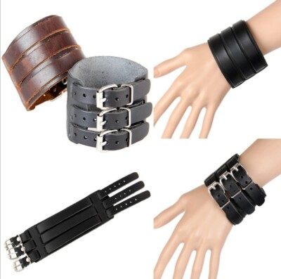 Men's Punk Rocker Biker Gothic Heavy Wide Leather Straps Wristband Cuff ...