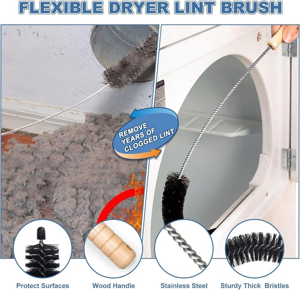 2-Pc Dryer Vent Cleaner Kit: Flexible Brush & Hose for Most Vacuum ...