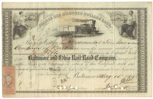 B&O RR President John W. Garrett Signed 1869 Stock Certificate w ...