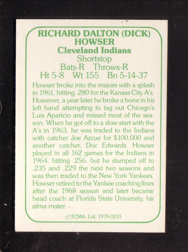 Dick Howser Cleveland Indians 1978 TMCA Baseball Card | eBay UK