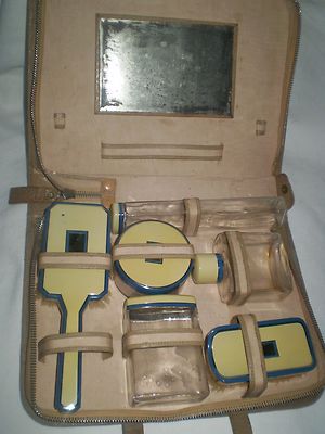 OLD cosmetics kit BRUSHES jars 6 PIECES GLASS METAL | eBay