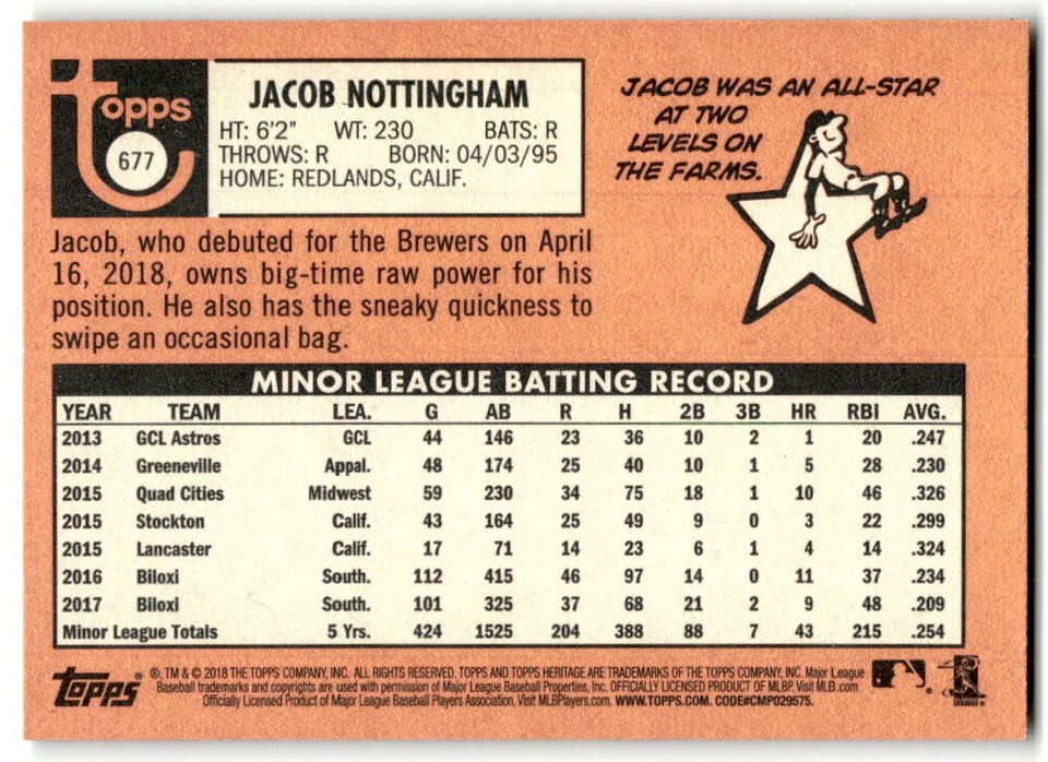 2018 Topps Heritage #677 Jacob Nottingham Milwaukee Brewers Rookie | eBay