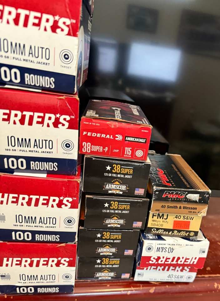 LOT OF 50+ EMPTY AMMO AMMUNITION BOXES w/TRAYS 9MM 40 45 10MM 357MAG 38 ...