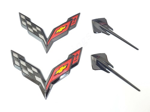 2014-2019 Corvette C7 Gloss Black Front & Rear & Stingray Cross Flags ...