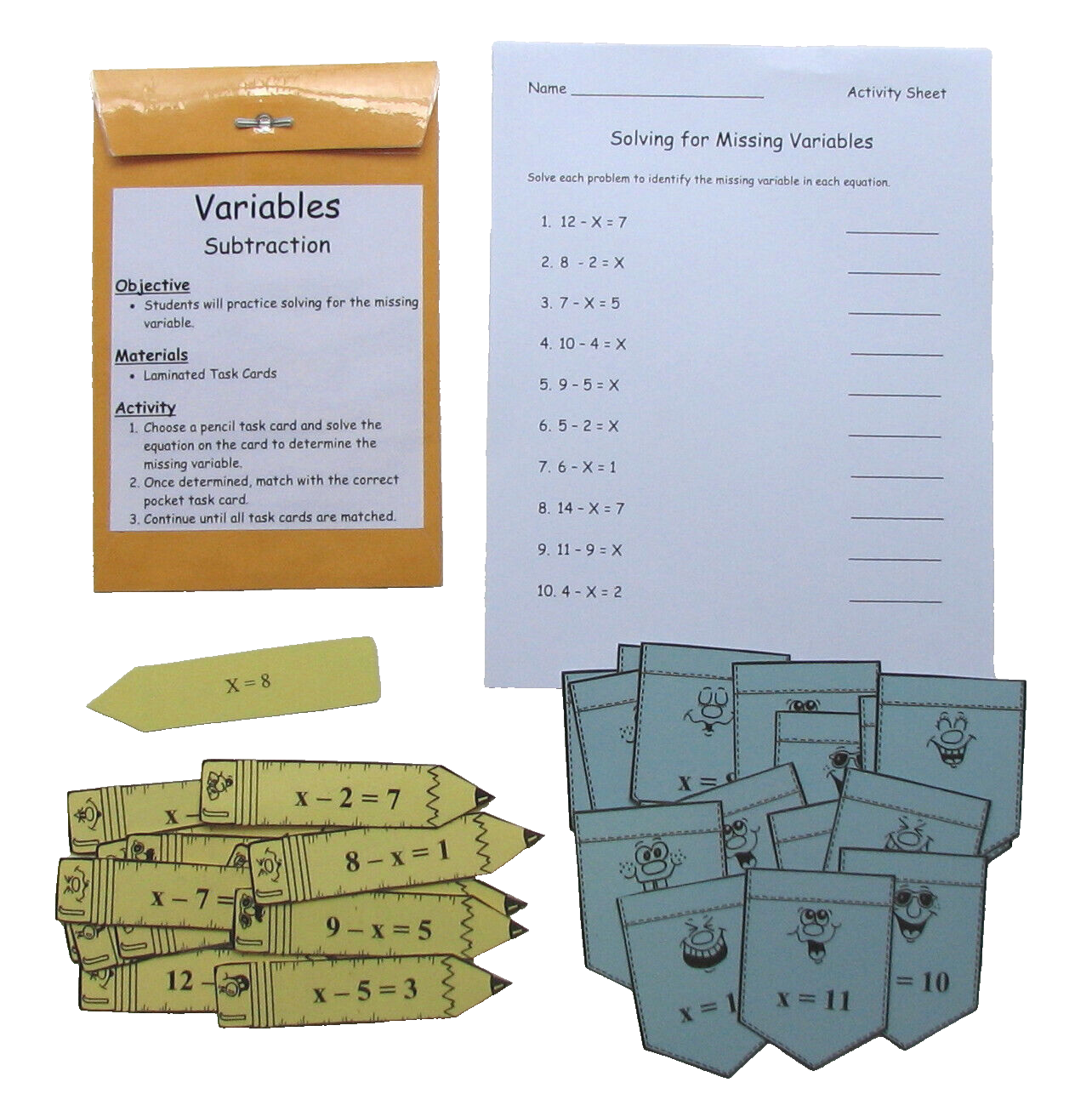 Teacher Made Math Center Learning Resource Game Variables Subtraction ...