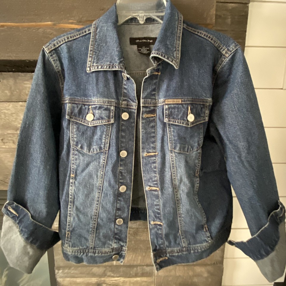 Womens L CALVIN KLEIN CK Blue Denim Jacket Trucker Jean Button Casual ...