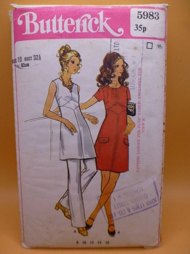 VTG 70s BUTTERICK 5983 MISSES' A-LINE DRESS+TROUSERS-32½" SZ 10 SEWING ...