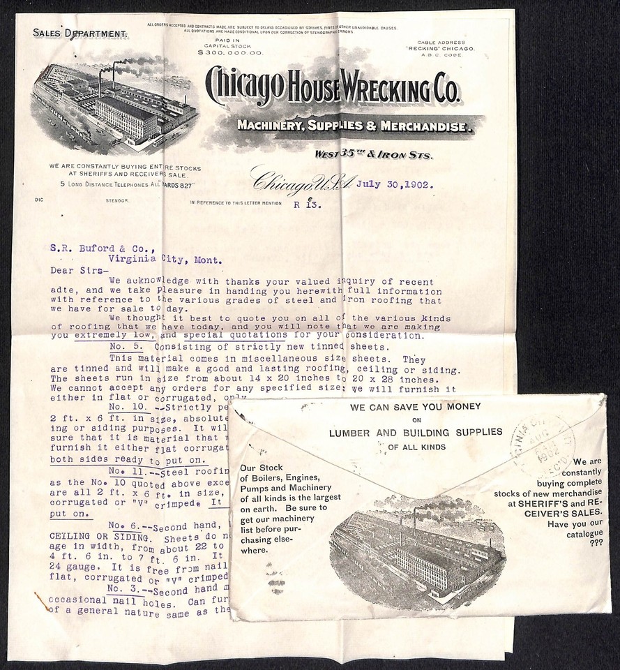 Chicago Home Wrecking Co. 1902 3pp Letterhead & Cover + 3 Metal Samples ...