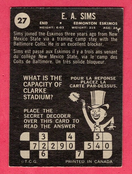 1964 TOPPS #27 E.A.SIMS of the EDMONTON ESKIMOS CANADIAN FOOTBALL CARD ...