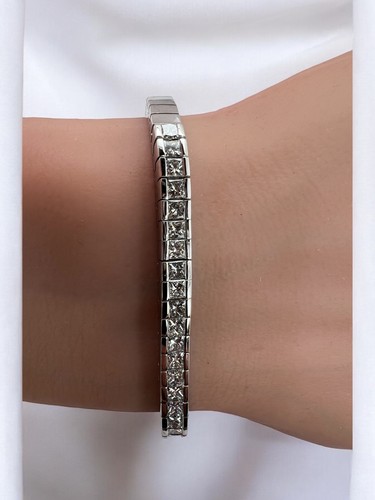 18K White Gold Natural Princess Cut Diamond Half Bezel Set Bracelet ~2. ...