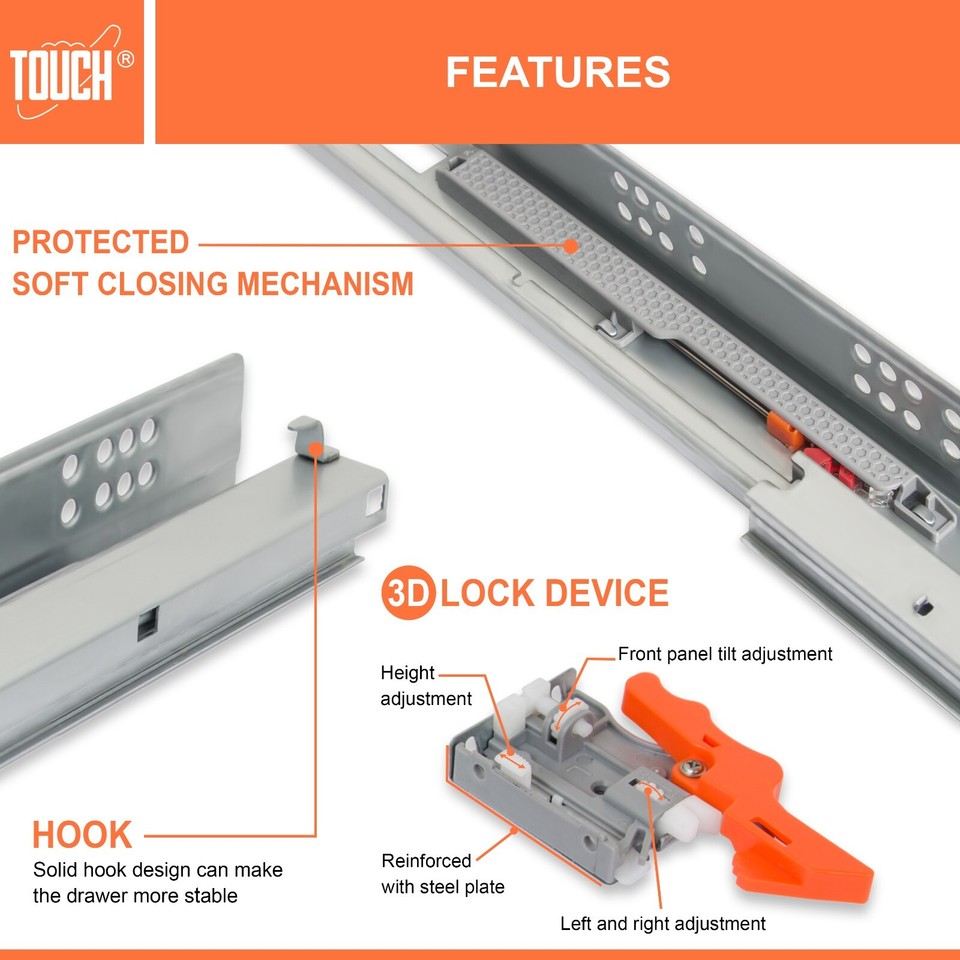 Undermount Drawer Slide Soft Close Concealed 12 15 18 21 inch For 3/4 ...