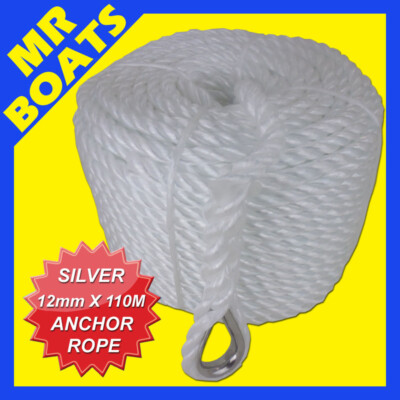 SILVER ANCHOR ROPE 12mm X 110M 1090KG Break UV RESITANT BOAT MARINE ...