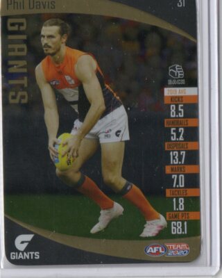 2020 AFL TEAMCOACH GOLD CARD PHIL DAVIS GWS GIANTS #31 | eBay Australia