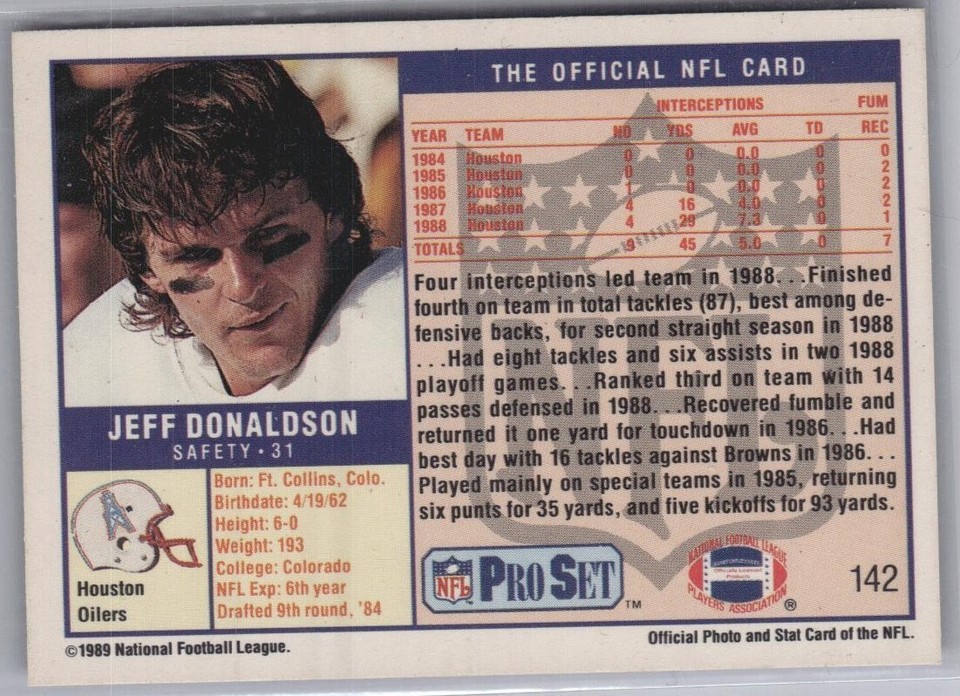 1989 Pro Set Football Card #142 Jeff Donaldson | eBay