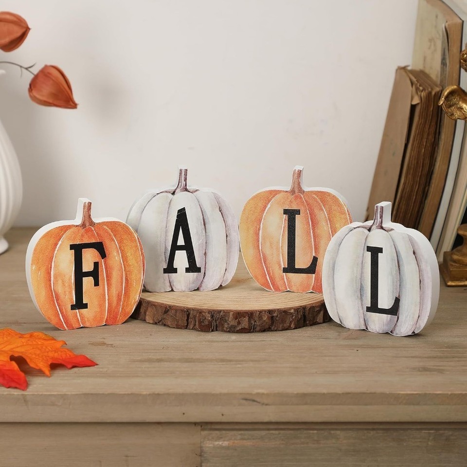 Autumn Pumpkin Wooden Sign Set 4 Pieces Fall Tabletop and Mantel Decor ...