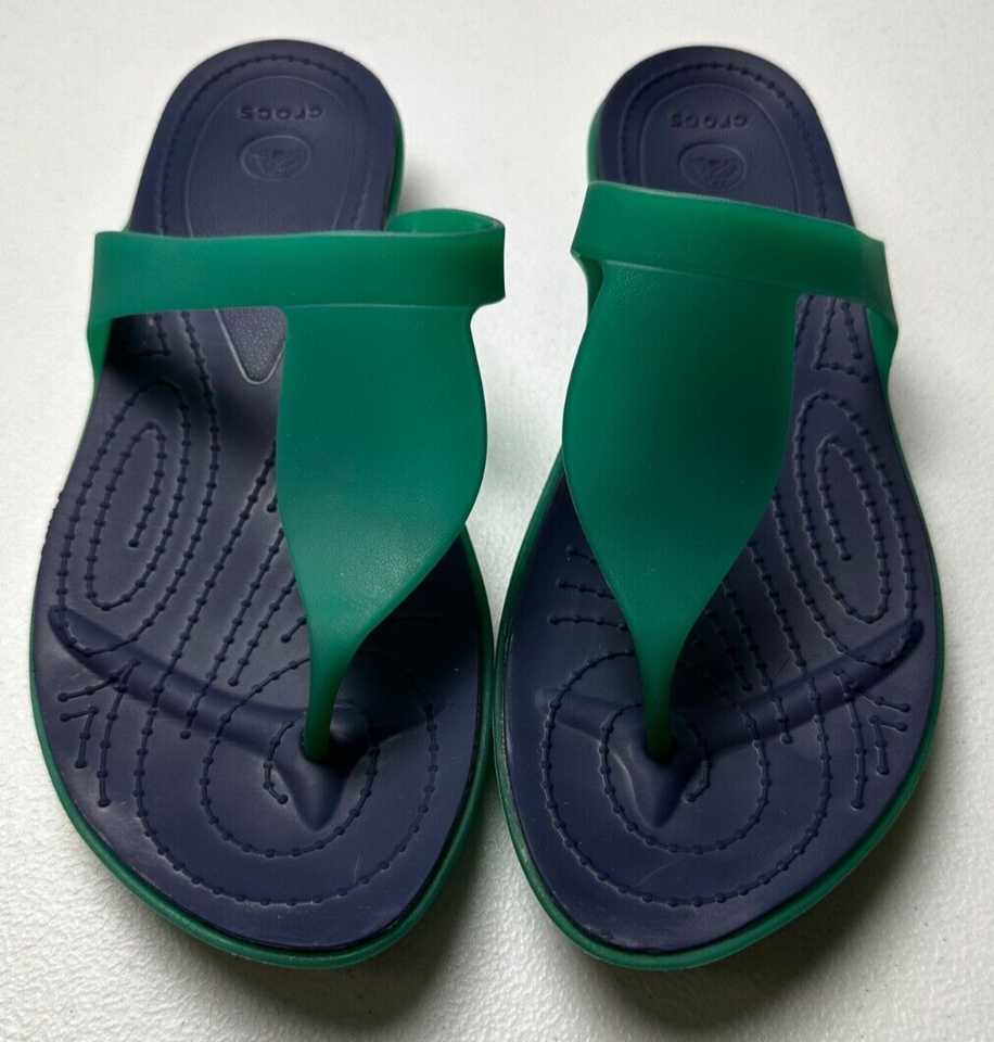 Crocs Rio Thong Sandals Womens Sz 9 Tropical Teal Navy Wedge Flip Flops ...