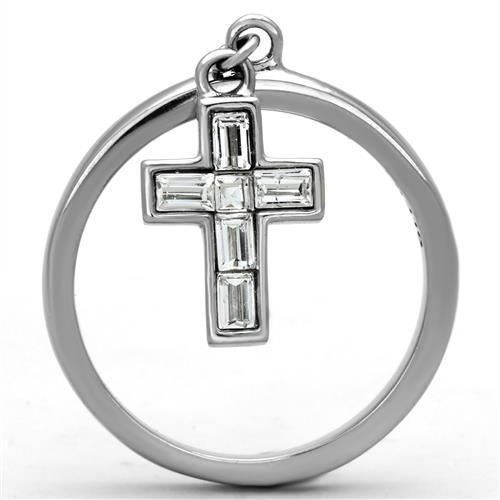 Christian-Religious Delicate Stainless Steel Ring & Baguette CZ Dangle ...