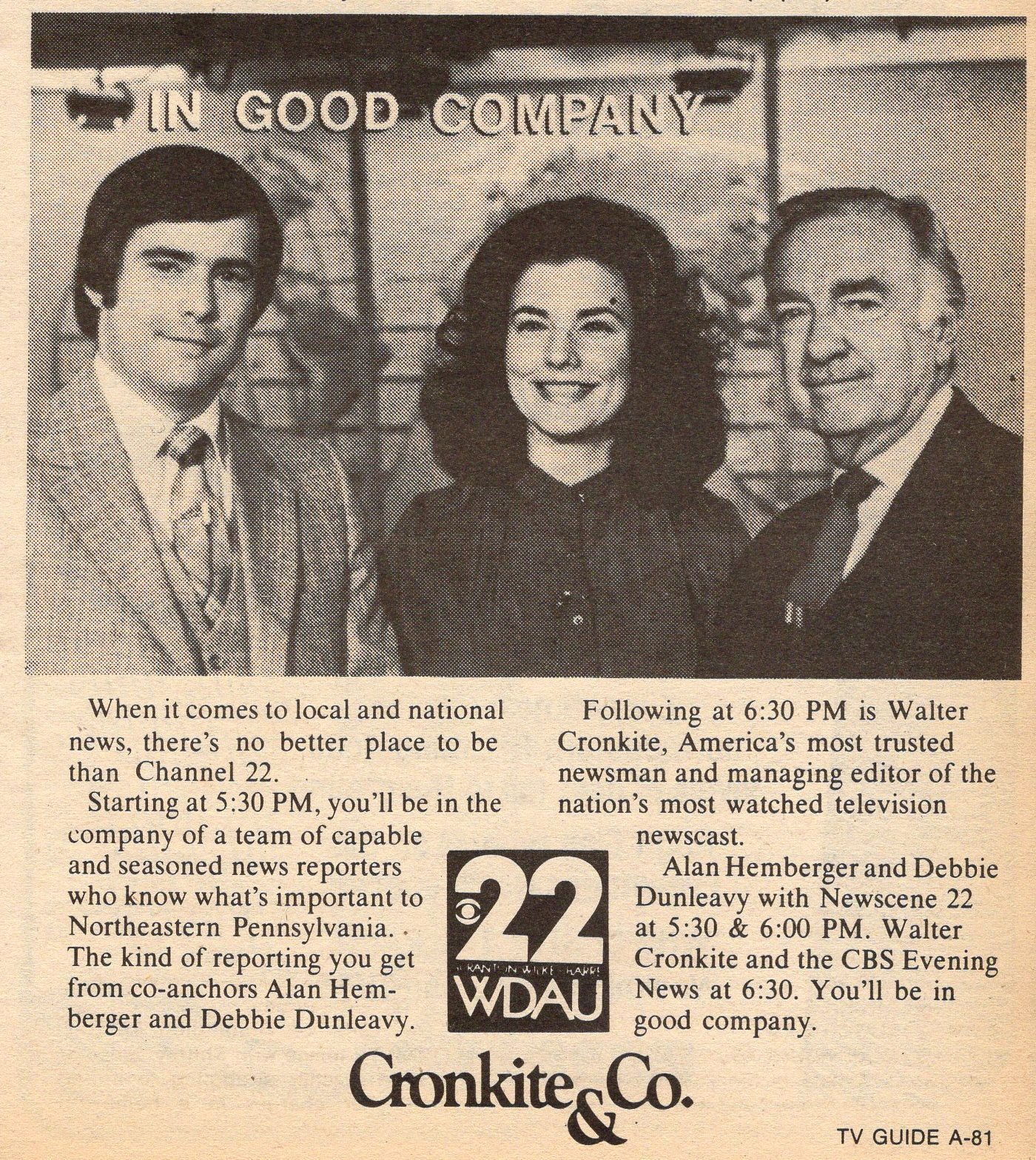 1980 TV NEWS AD~ALAN HEMBERGER~DEBBIE DUNLEAVY~WILKES BARRE ...