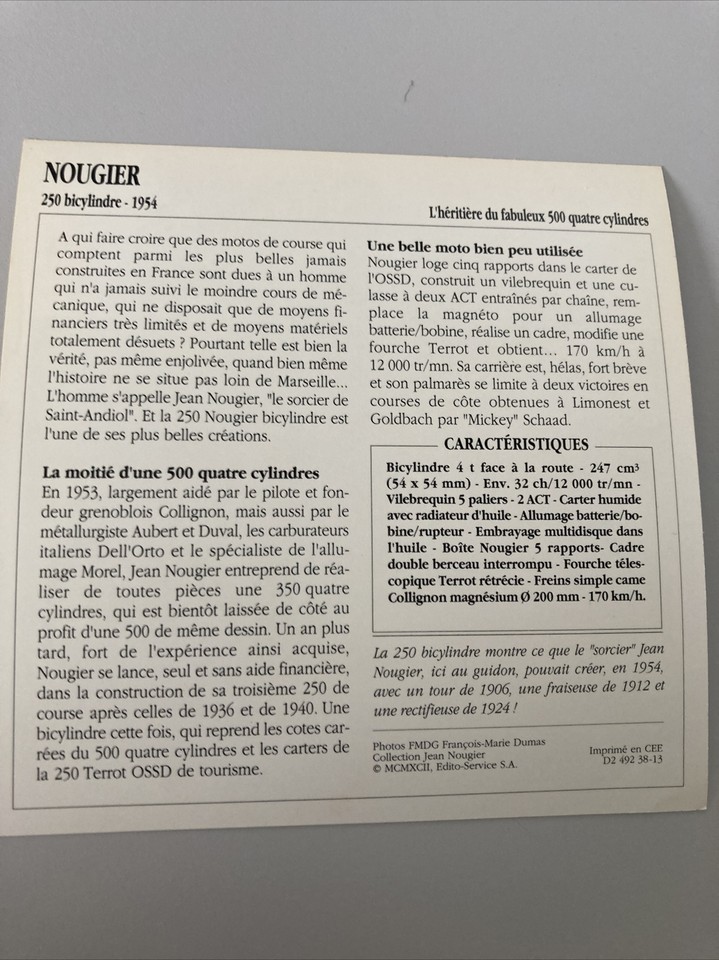 Nougier 250 Bicylindre 1954 Motorcycle Collection Card Atlas France | eBay